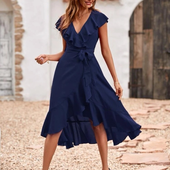 Dresses | Boho Navy Blue Wrap Belted Ruffle Hem Maxi Dress | Poshmark